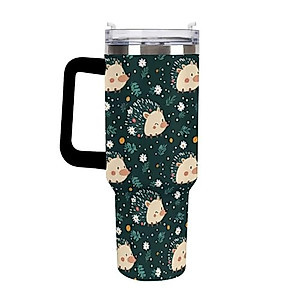 Cute Hedgehogs Flowers Tumbler with Handle Travel Mug Water Bottle Tea Coffee Cup Black-style