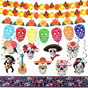 Hotop 39 Pcs Day of the Dead Decor Set Altar De Ofrendas Marigold Garland String Lights Dia De Los Muertos Table Runner Mexican Party Banners Skull Hanging Swirl Monarch Butterfly (Orange and Yellow)
