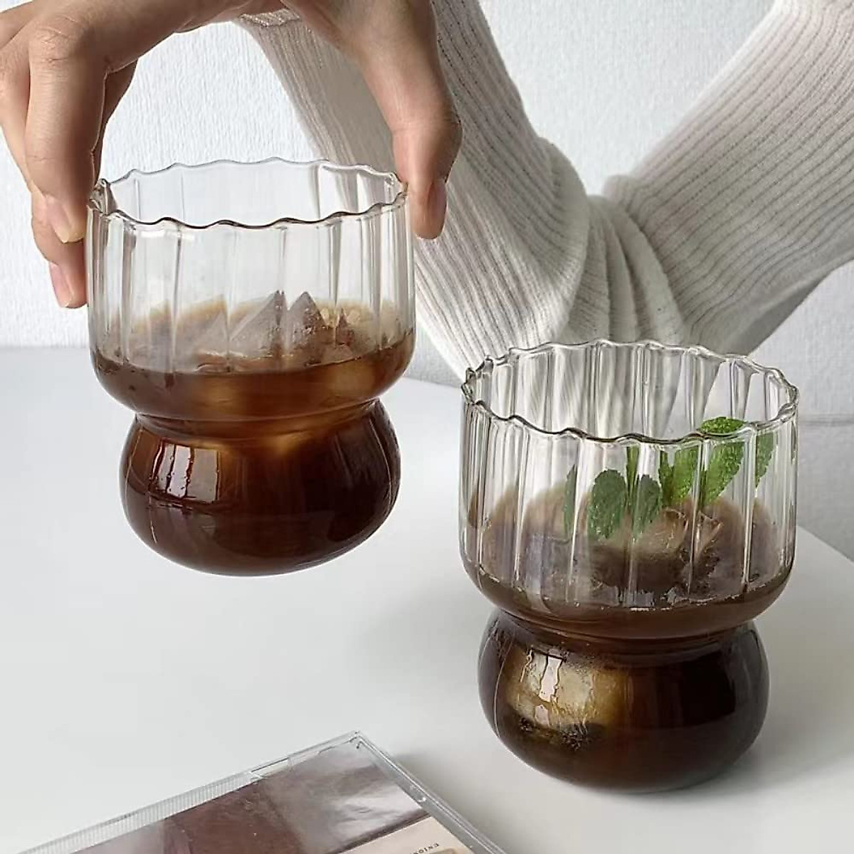 URMAGIC 2 Pcs Ribbed Drinking Glasses,9 Oz Ripple Glassware,Clear Origami Style Glass Cups,Iced Coffee Glasses,Wave Shape Beverage Cups,Clear Glass Cups for Cocktail,Whiskey,Juice,Water,Beer,Milk