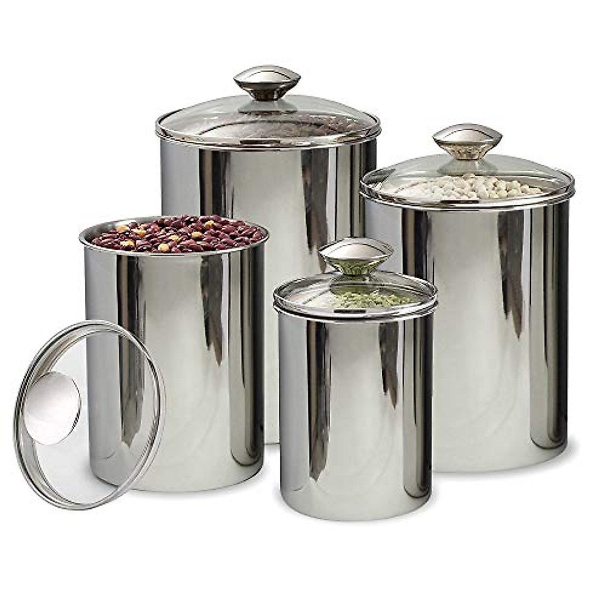 nu steel Canister Set Collection 4 Piece S/Steel Food Storage Container with Tempered Glass Lids for Kitchen Counter, Coffee, Tea, Etc, Small, Shiny Mirror