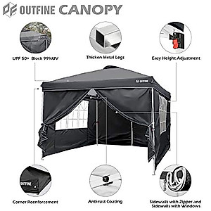 OUTFINE Canopy 10'x10' Pop Up Commercial Instant Gazebo Tent, Fully Waterproof, Outdoor Party Canopies with 4 Removable Sidewalls, Stakes x8, Ropes x4 (Black, 10 * 10FT)