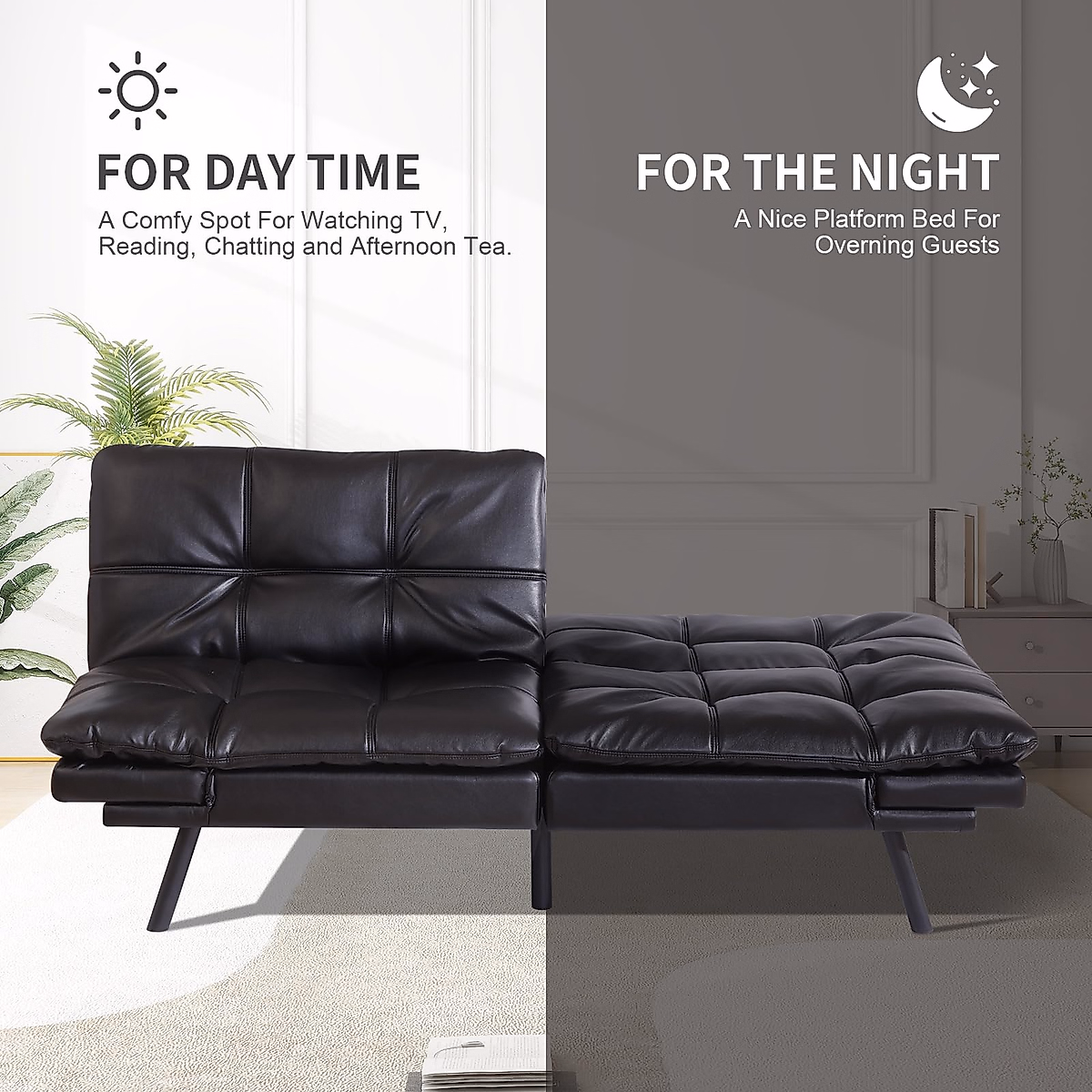 MUUEGM Adjustable Memory Foam Futon Sofa Bed, Couch with Convertible Backrests Armrests Futon Folding, Modern Futon Sleeper for Living Room, Apartment, Office, Small Room 71” Sofa Bed Black