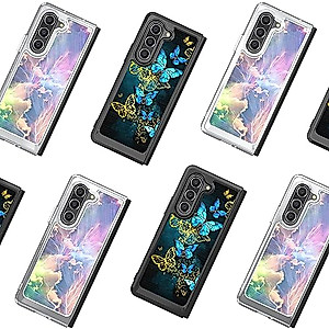 NKase for Samsung Galaxy Z Fold 5 Case, Samsung Z Fold 5 Case Cute Hard Slim Cover Galaxy Z Fold 5 Case Shockproof Women Girls Men Protective Case for Galaxy Z Fold 5 5G Case, Gold/Blue Butterfly