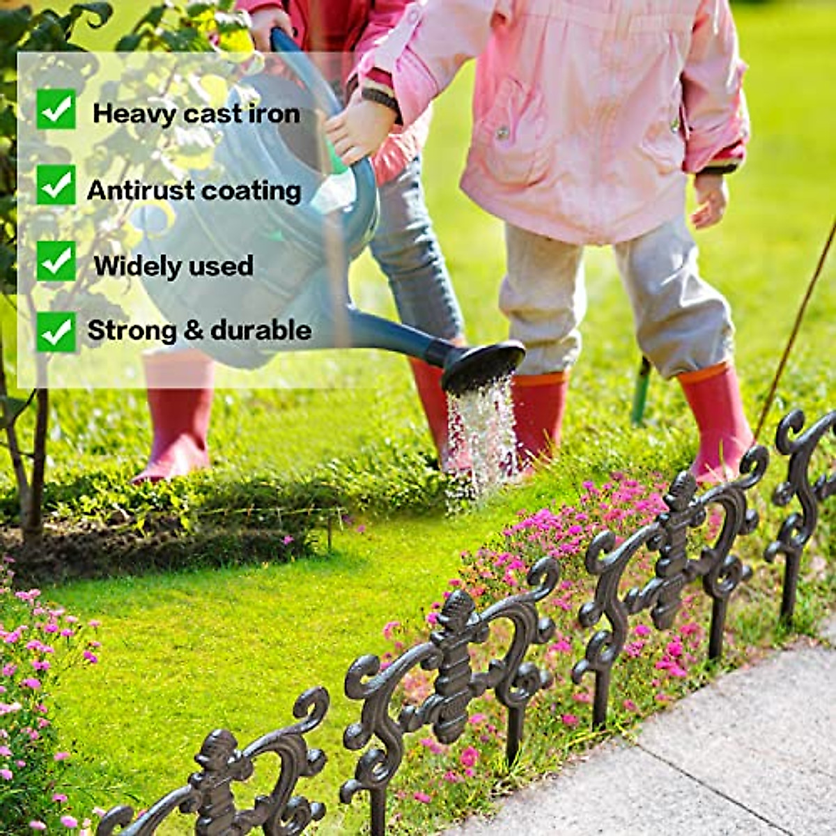 Sungmor 4PC Small Garden Fence 9.4in. Tall Cast Iron Picket Fence, Heavyweight Outdoor Landscape Edging Low Border, Pretty Antique Brown Pattern, Stake Decorative Metal Fence Panel for Lawn Flowerbeds