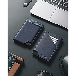 VULKIT Pop up Card Wallet RFID Blocking Slim Aluminum Metal Bank Card Holder Case with Business Money Pocket for Credit Cards Notes and Coins (Navy)