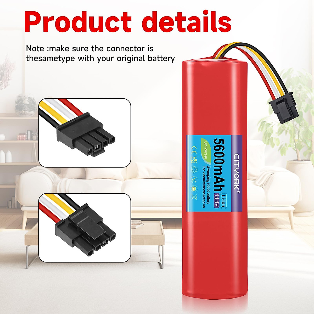 CITYORK Replacement Battery for Xiaomi Roborock S4 S4 Max S5 S5 Max S6 S7 S55 S50 S51 S55, for Xiaowa C10 E25 E20 E35 Vacuum Robot Cleaner, 5600mAh 14.4V