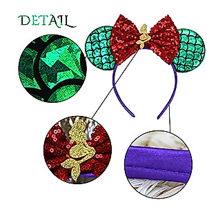 TEBWPIY Mouse Ears Headbands Mermaid Bow Sequin Headbands Green Mouse Ears with Red Bow Golden Mermaid Design Decoration for Women Girls Birthday Party Cosplay Costume Accessories