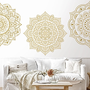 4 Pcs Half Mandala Wall Decal Boho Mandala Wall Sticker Hippie Mandala Vinyl Wall Decals Flower Wall Stickers Headboard Wall Decoration Indian Namaste Flower for Bedroom Living Room Yoga (Gold)