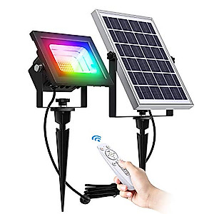 Solar Flood Lights Outdoor Solar Spotlight 7 Singe Colors & Color Changing RGB Solar Spot Lights with Remote Control 60LED IP67 Waterproof Landscape Light for Lawn, Patio, Tree, Yard, Garden