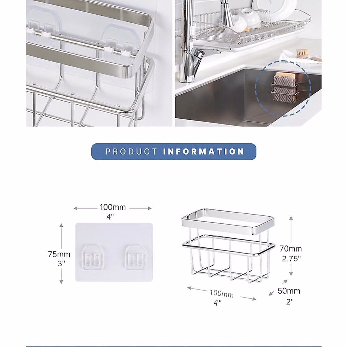 HOME&I Sponge Holder for Kitchen Sink, Stainless Steel Bathroom Caddy Dish Scrubbers and Soaps Holder Silver (Small)