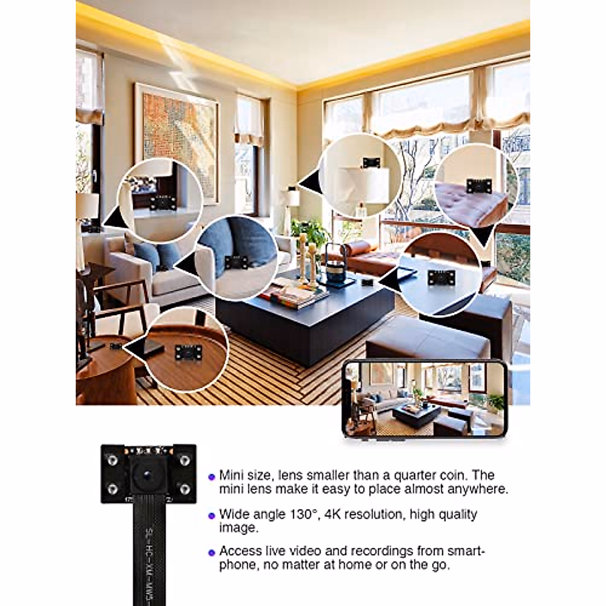 WIWACAM Mini Spy Hidden Camera 4K Ultra HD, WiFi Wireless Nanny Cam Small Cameras for Home Security, Tiny Secret Surveillance Cam Indoor, Motion Detection, Night Vision, Battery, Recording, App, MW5