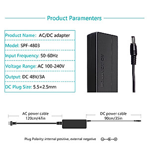 Snsnlent AC DC 48V 3A Power Supply Adapter 144W 48V Charger 48V 3A Switching Power Transformers Interface 5.5 x 2.5mm Suitable for POE Routers Switches Control Systems