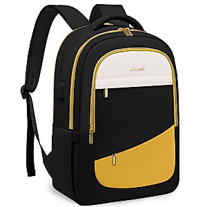 LOVEVOOK Laptop Backpack for Women,15.6 Inch Travel College Computer Back Pack,Work Backpacks with USB Port,Business Water Resistant Bag with Laptop Compartment for Teacher Nurse, Black-Yellow-White