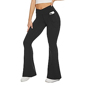 TNNZEET Black Flare Leggings for Women, Crossover Yoga Pants with Pockets Bootcut Flared Leggings