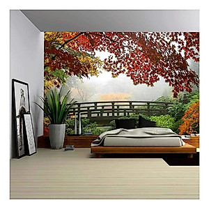 wall26 - Misty Fall Morning in Portland'S Japanese Gardens - Removable Wall Mural | Self-Adhesive Large Wallpaper - 100x144 inches