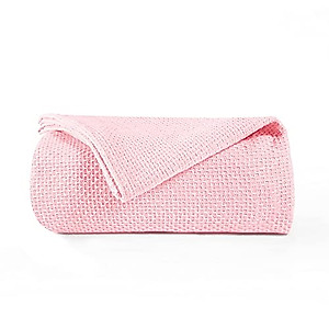 BOUTIQUO 100% Cotton Bed Blanket, Breathable Thermal Blanket Full - Queen Size, Soft Honeycomb Waffle Blanket 90"x90", Cotton Bed Blanket, Perfect for Layering Any Bed for All Season, Pink