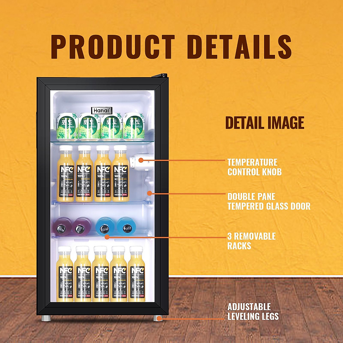 WANAI Beverage Refrigerator Mini Fridge Cooler Clear Glass Door 3.5 Cu.Ft Soda Beer Wine Fridges for Office Dorm Home Bar with Adjustable Removable Shelves White Inner