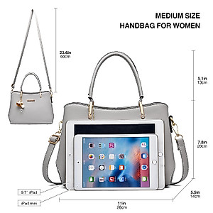 Satchel Purses and Handbags for Women, 3 Compartment Hand Bags with Charms, Pu Leather Ladies pocketbooks for women, Light Grey