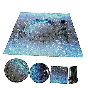 jojofuny 24 Set Space Tablecloth Kids Dinnerware Disposable Paper Plates Party Paper Plate Outer Space Party Decorations Star Plates Fork Paper Tray Tableware Tissue Blue Props Child Abs