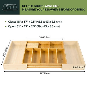 VaeFae Extra Large Kitchen Utensil Holder, Bamboo Silverware Drawer Organizer, Expandable Cutlery Organizer with Knife Block, Multifunctional Wooden Drawer Divider