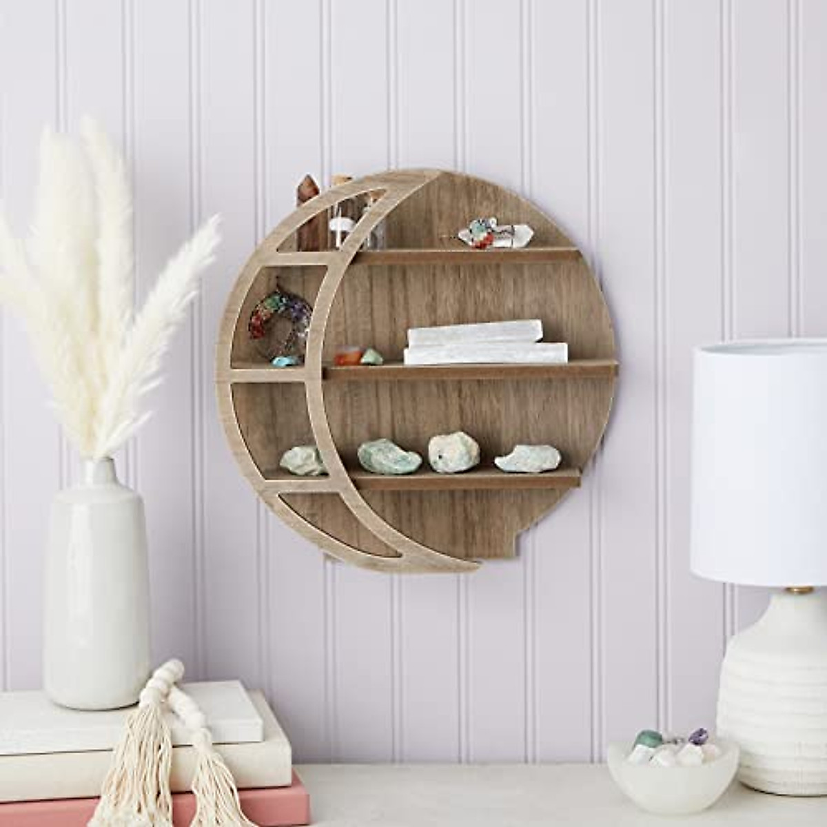 Farmlyn Creek Brown Wooden Moon Shelf, Rustic Wall Home Decor, Crystal Holder for Stones Display and Essential Oils (12 x 12 x 3 in)