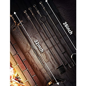 COMFYHOME 5-Piece Fireplace Tools Set 32'', Heavy Duty Wrought Iron Fire Place Tool w/Long Fire Poker, Shovel, Tongs, Brush, Stand for Outdoor Indoor Chimney,Stove, Fire Pit Easy to Assemble,Black