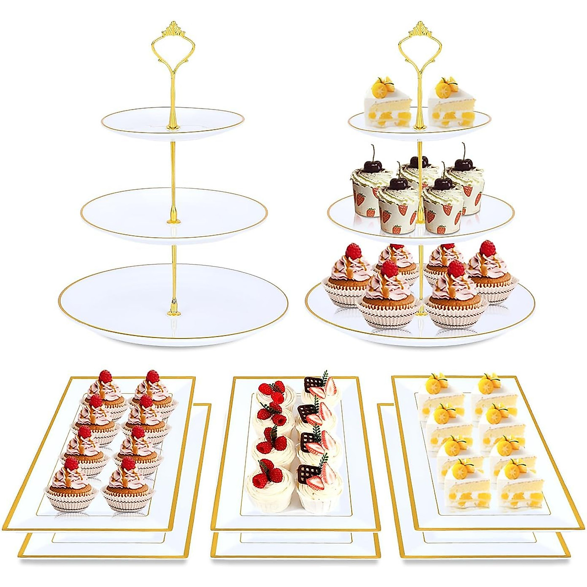 DI QIU REN 8PCS Cake Stand Set, Plastic Cupcake Stands with Gold Rim, Dessert Display Stands Set for Wedding Birthday Party Baby ShowerTea Party
