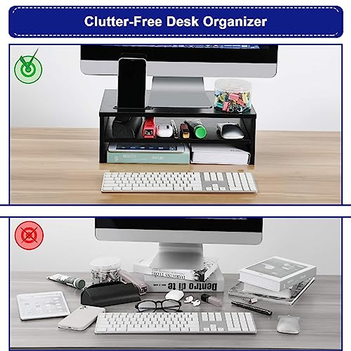 ERGO TAB Monitor Stand, Monitor Riser Wood 2 Tiers Desk Organizer Stand with Cellphone Holder, Laptop Printer Stand with Cable Management