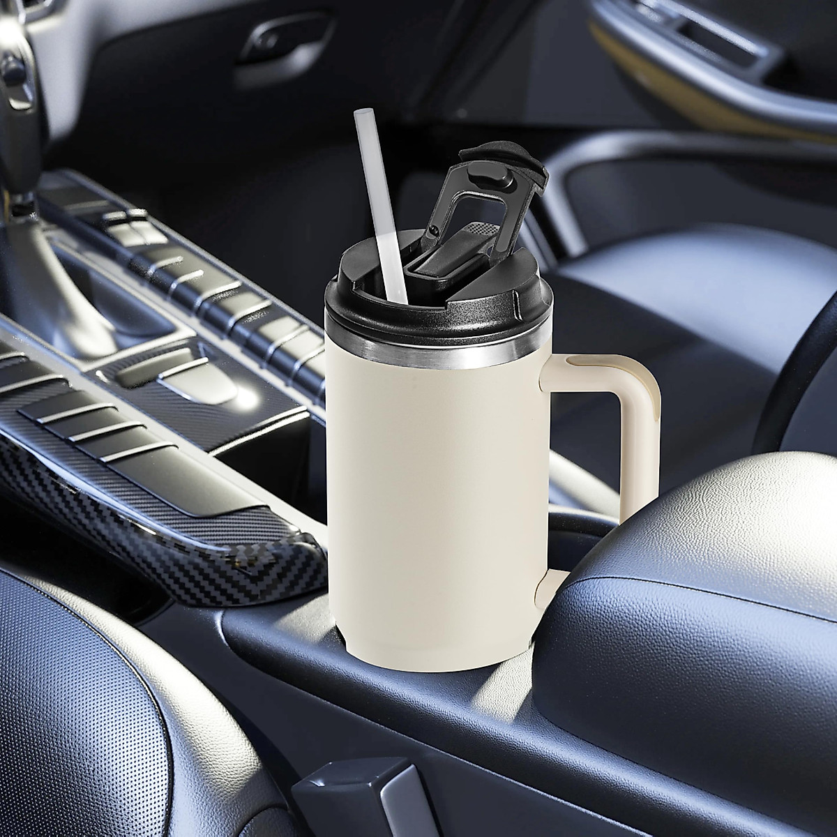 Klickpick Home 40 Ounce Stainless Steel Vaccum Insulated Thermal Tumbler With Handle Lid 2 straws, Reusable Travel Coffee Mug Cup Cupholder friendly, Keeps cold for 30 H, 100% Leakproof (Cream)