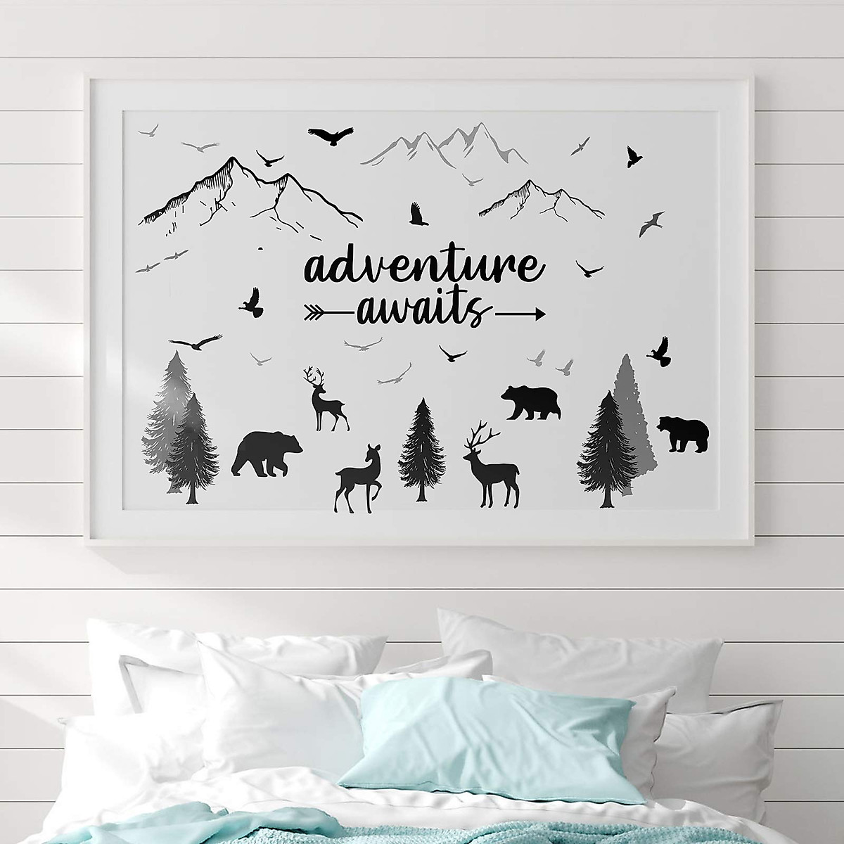 Pajean Woodland Nursery Wall Stickers Tree Wall Decals Vinyl Wall Quotes Stickers Jungle Wild Mountain Forest Animal Deer Bear DIY Stickers for Kids Room Decor Boy Living Room Bedroom, 9.8 x 13.8 Inch