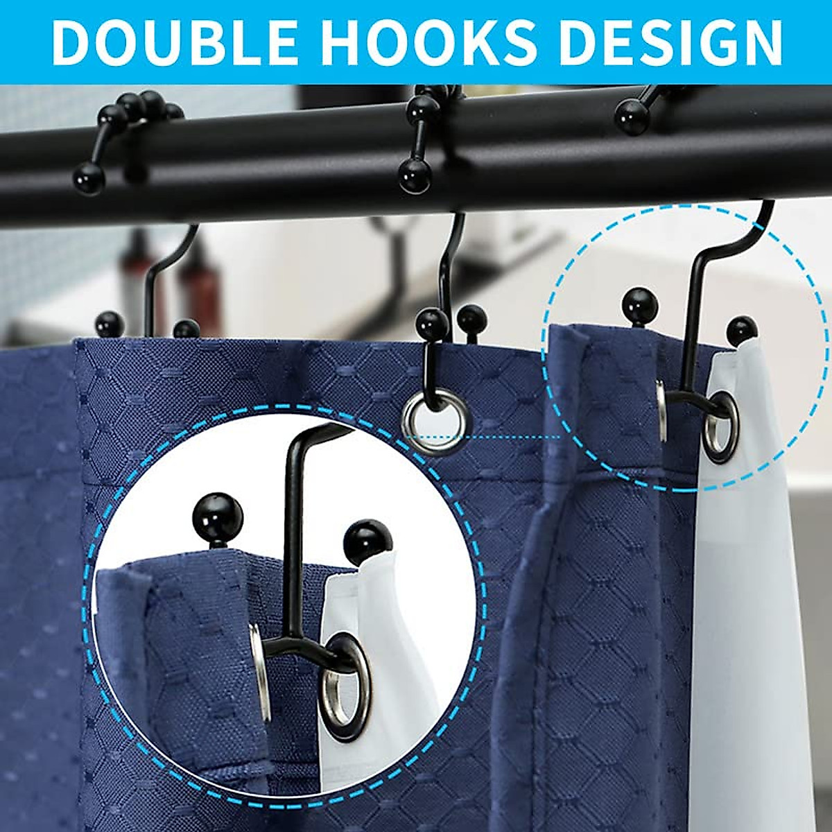 HAOBAOBEI Shower Curtain Rings Hooks, 12 Pack Bathroom Double Curtain Hooks for Christmas Shower Curtain Liner, Metal Rust-Resistant Roller Ball Sliding Hooks for Bathroom Shower Curtains Rods (Black)