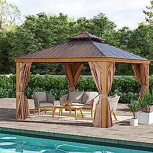 12x12FT Outdoor Gazebo with Double-tiered Roof and Curtains, Permanent Hardtop Pergola with Steel Canopy, Pavilion Gazebo with Metal Nets and Drainage Ditch Design for All Seasons, Backyard, Bronze