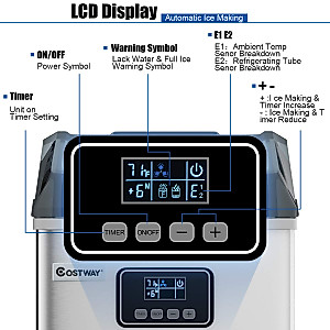 COSTWAY Ice Maker Countertop, 48LBS/24H Automatic Ice Stainless Steel Machine with Self-Cleaning Function, Easy-to-Control LCD Display, Timer Function, See-Through Window with Ice Scoop and Basket