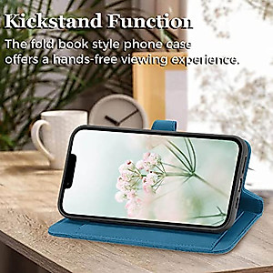 KRHGEIK for iPhone 13 Case for Women,Cute Wallet Case with Zipper Pocket Purse Flower Embossed PU Leather Card Slots Strap Wrist Strap Flip Folio Protective Phone Cover for iPhone 13 (Blue)