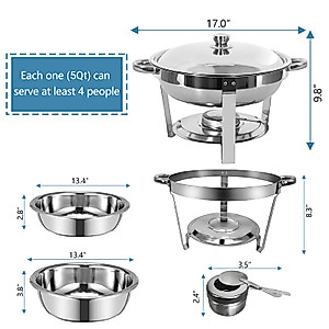 Jacgood Chafing Dish Buffet Set Full Size Stainless Steel, Silver Round Catering Warmer Set with Food and Water Trays, Mirror Cover, Thick Stand Frame for Kitchen Party Banquet (5 Qt 2 Pack)