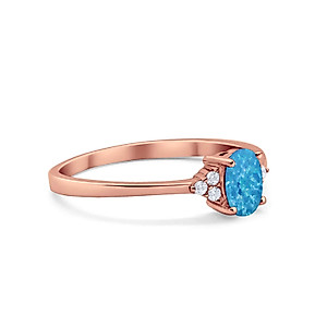Rose Tone, Lab Created Blue Opal CZ Size-11 Oval Cut Wedding Engagement Ring Round Simulated Cubic Zirconia 925 Sterling Silver