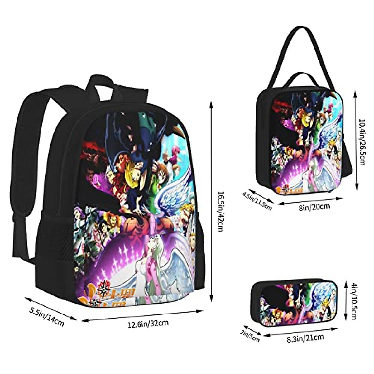 ORPJXIO Backpack 3 Piece Set The Seven Anime Deadly Sins Laptop Backpack Pencil Case Lunch Bag Combination For Travel Work Camping