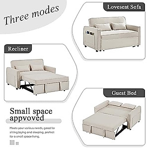 Antetek Sleeper Sofa Couch Bed, 54" Modern Linen 3 in 1 Convertible Loveseat Sleeper with Pullout Bed, Small Love seat Futon Sofa w/Adjustable Backrest for Living Room Bedroom, Ivory