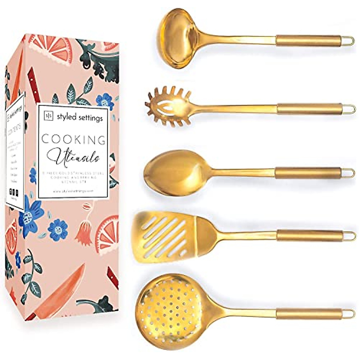 Brass/Gold Cooking Utensils Set for Modern Cooking and Serving - 5 PC Dishwasher Safe Stainless Steel Gold Utensils Set - Gold Serving Spoon, Gold Ladle - Gold Kitchen Utensils for Gold Kitchen