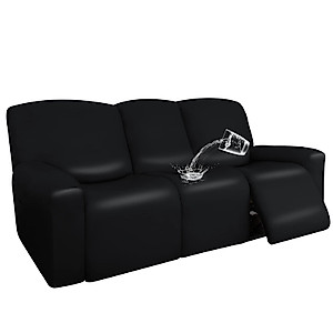 Easy-Going PU Leather Recliner Sofa Slipcovers, Waterproof Stretch Sofa Covers, 8 Pieces Stretch Furniture Protector, Elastic Strap Shield Pets Kids Children Cats Dogs Black