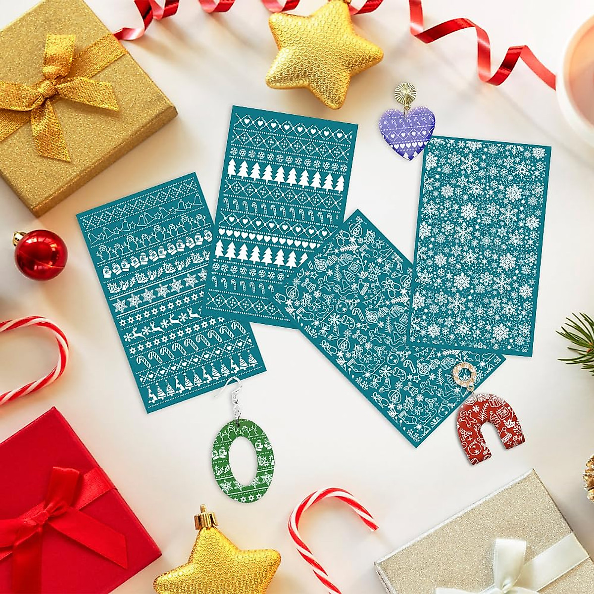 Vellibring Christmas Silk Screen Stencils for Polymer Clay,16Pcs Reusable Silk Screen Print Kit Clay Scraper Polymer Clay Cutters Polymer Clay Kit for Jewelry Clay Making Earrings Decoration Supplies