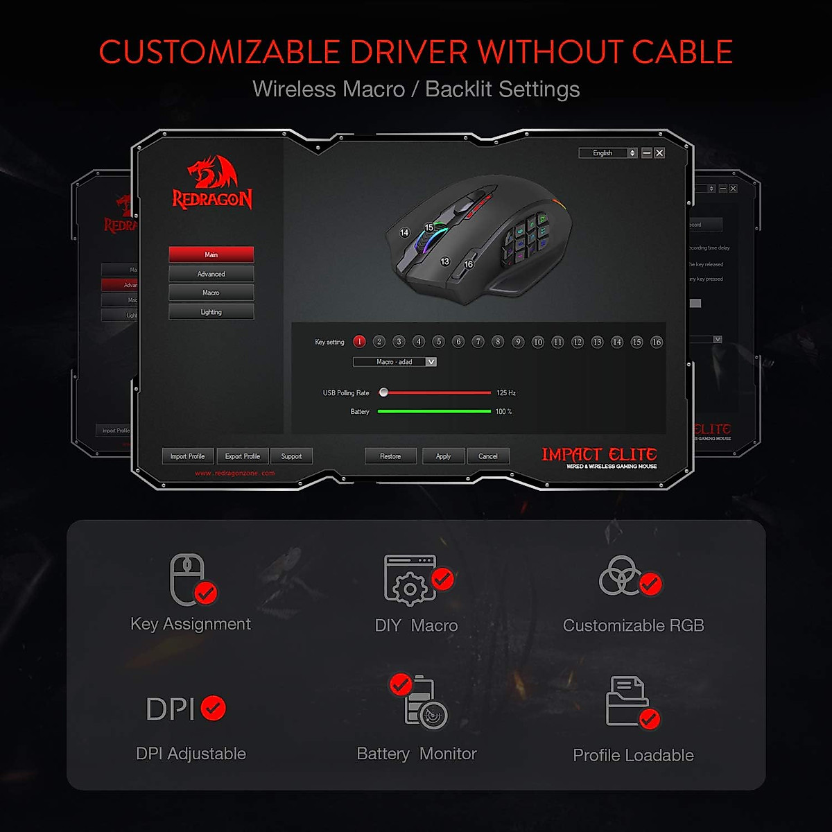 Redragon M913 Impact Elite Wireless Gaming Mouse, 16000 DPI Wired/Wireless RGB Mouse with 16 Programmable Buttons, 45 Hr Battery and Pro Optical Sensor, 12 Side Buttons MMO Mous