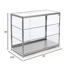 Displays2go Retail Display Counter with Lighting, Locking, Tempered Glass Shelves, Aluminum Frame – Clear, Silver (JBQCT48LED)