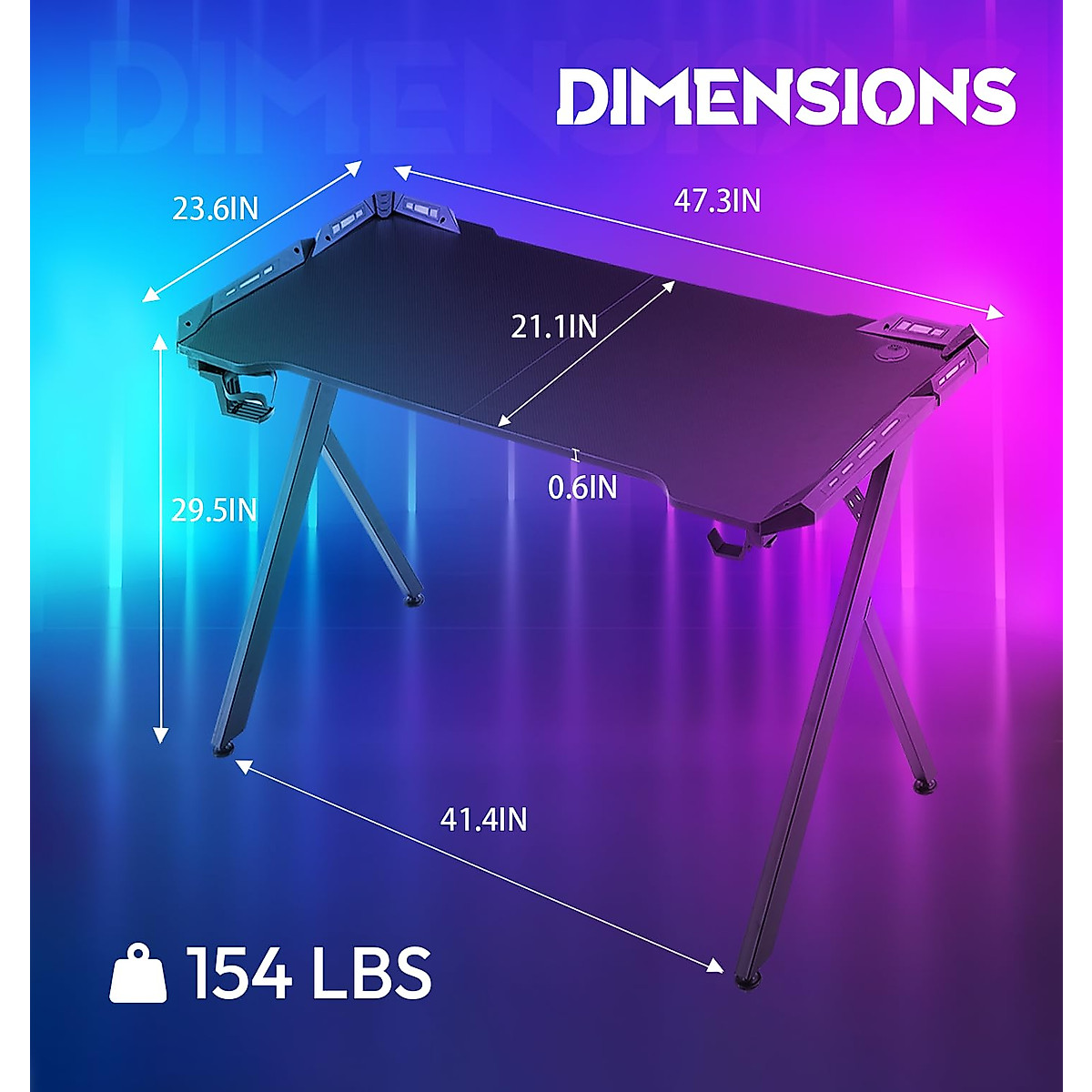 Dowinx Gaming Desk with LED Lights, RGB Gaming Computer Table with Carbon Fibre Surface, LED Home Office Desk with Remote Control, Pc Workstation with Cup Holder and Headphone Hook, Black