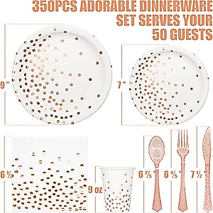 Partylamb White & Rose Gold Party Supplies, 350 PCS Disposable Dinnerware Set with Plates Napkins Cups Forks Knives Spoons for Birthday Baby Bridal Shower Valentine Wedding Party(A1.White & Rose Gold)