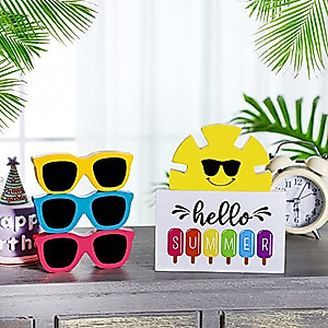 5 Pcs Summer Tiered Tray Decor Set Hello Summer Wooden Sign Sunglasses Sunshine Wood Decor Summer Table Signs Decorations for Summer Beach Holiday Party Home