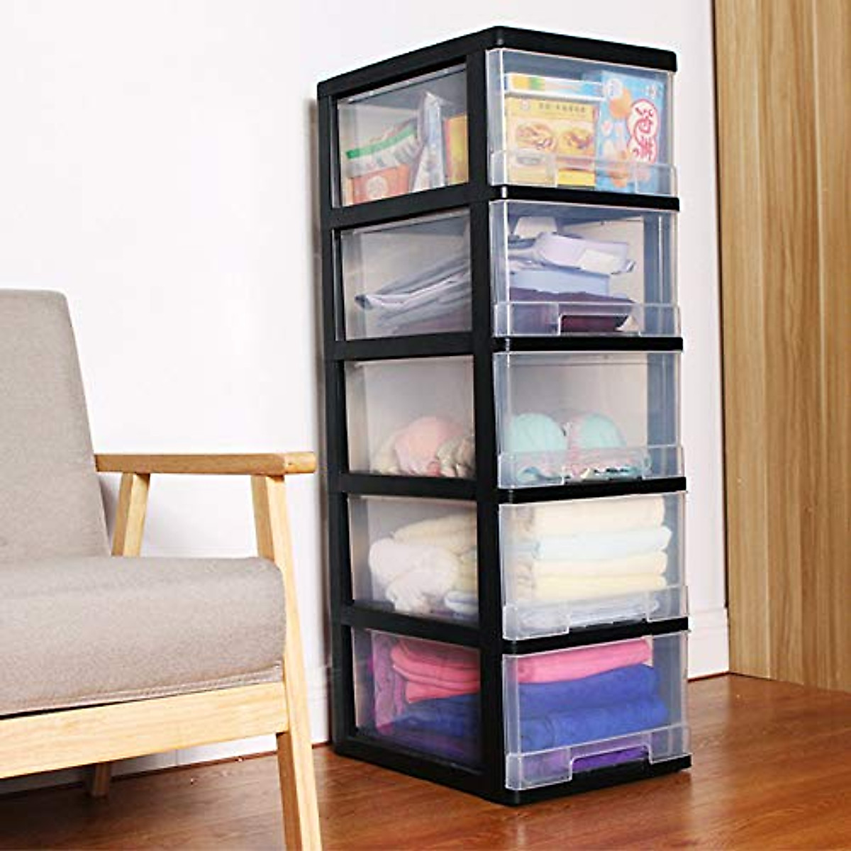 Shozafia 5-Drawer Rolling Storage Cart on Wheels, Craft Storage Containers Bins, Black Frame & Clear Storage Drawers
