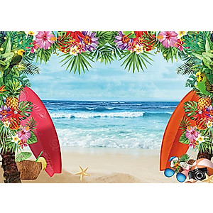 HQM Summer Tropical Beach Theme Photo Background 5X3FT Fabric Beach Conch Hawaii Blue Sea Flower Children Birthday Luau Party Photography Backdrop Kids Baby Shower Cake Table Decor Studio Shoot Props
