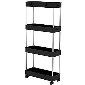 MuRealy Utility Rolling Cart 4 Tier - Multifunction Storage Organizer Cart with Wheels, Heavy Duty Utility Cart with Hooks, Slim Shelf Trolley for Cleaning Supplies Cosmetic and Kitchen Spice, Black