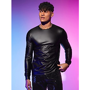 WDIRARA Men's Round Neck Long Sleeve PU Leather Sweatshirt Party Club Pullovers Black S